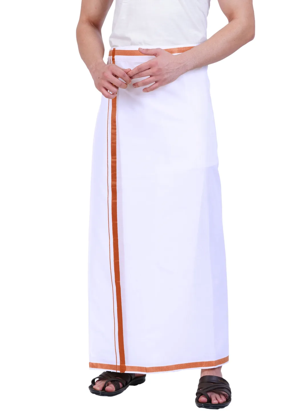 Cotton Single Readymade Copper Colour Jari Border White Dhoti