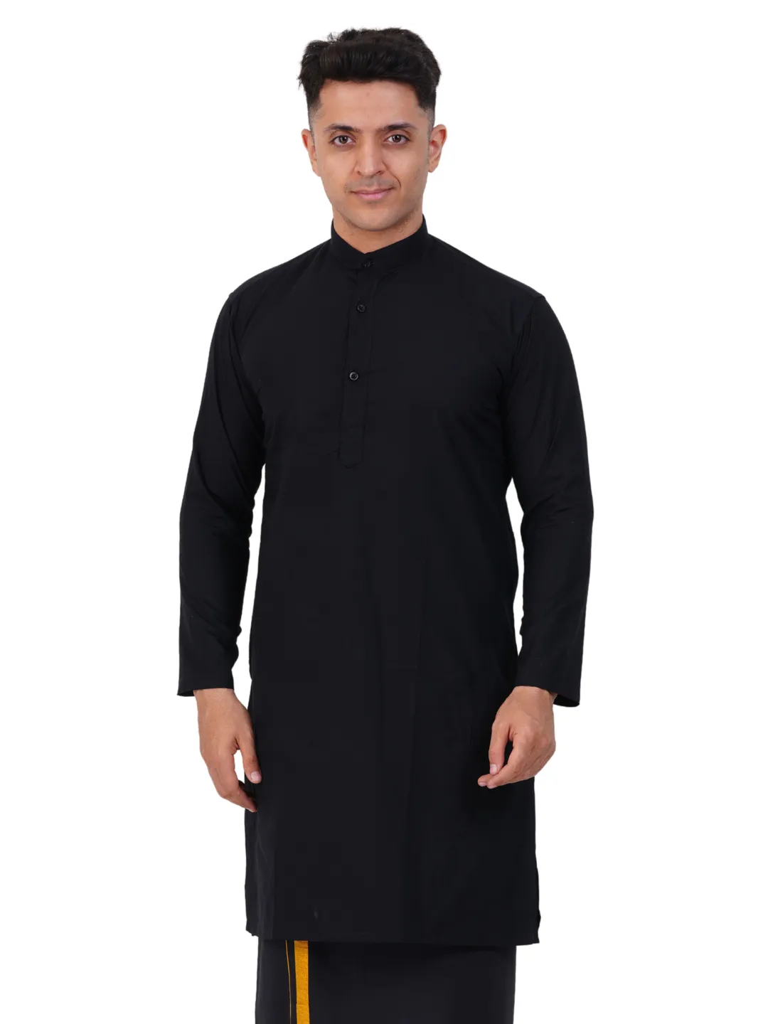Mens Cotton Regular Fit Full Sleeve Mandarin Coller Black Colour Kurta