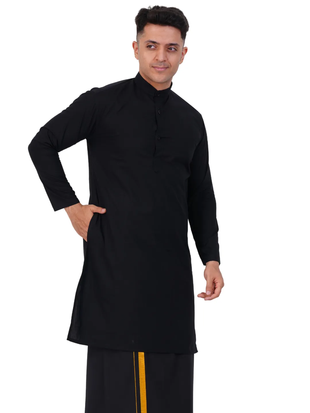 Mens Cotton Regular Fit Full Sleeve Mandarin Coller Black Colour Kurta