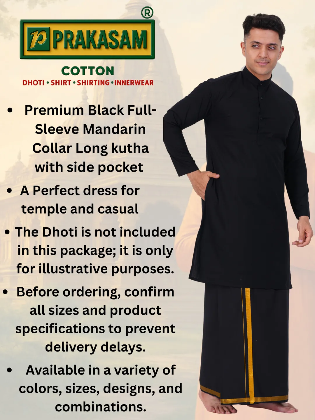 Mens Cotton Regular Fit Full Sleeve Mandarin Coller Black Colour Kurta